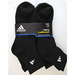 adidas 6 Pair Mens Quarter Crew Cushioned Socks Shoe Size 6-12 (Solid Black/White)