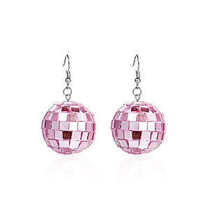 Disco Ball Earrings 60s 70s Silver Mirror Disco Ball Pendant 30mm Ball Earrings Ball Costume Halloween Accessories-pink