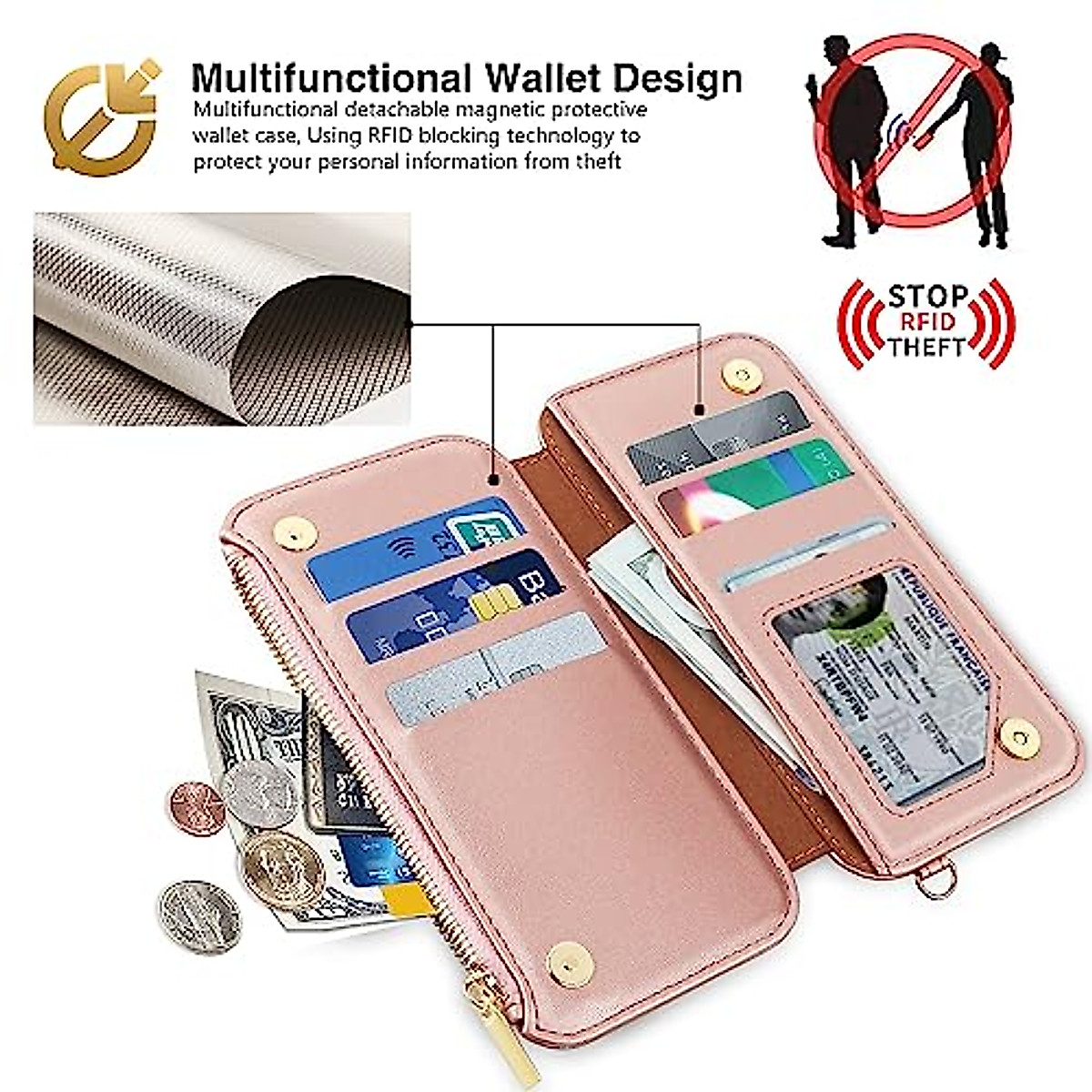 CIVICASE 2 in 1 Wallet Case for iPhone 13 / iPhone 14,Magnetic Detachable Flip Folio Phone Case,RFID Card Protection,6 Card Slots Zipper Pocket,Wireless Charging Compatible Magsafe [Rose Gold]