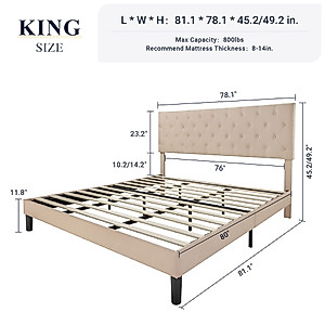 Allewie King Bed Frame with Adjustable Headboard/Diamond Stitched Button Tufted/Fabric Upholstered Platform Bed Frame/Wood Slat Support/No Box Spring Needed/Easy Assembly, Beige