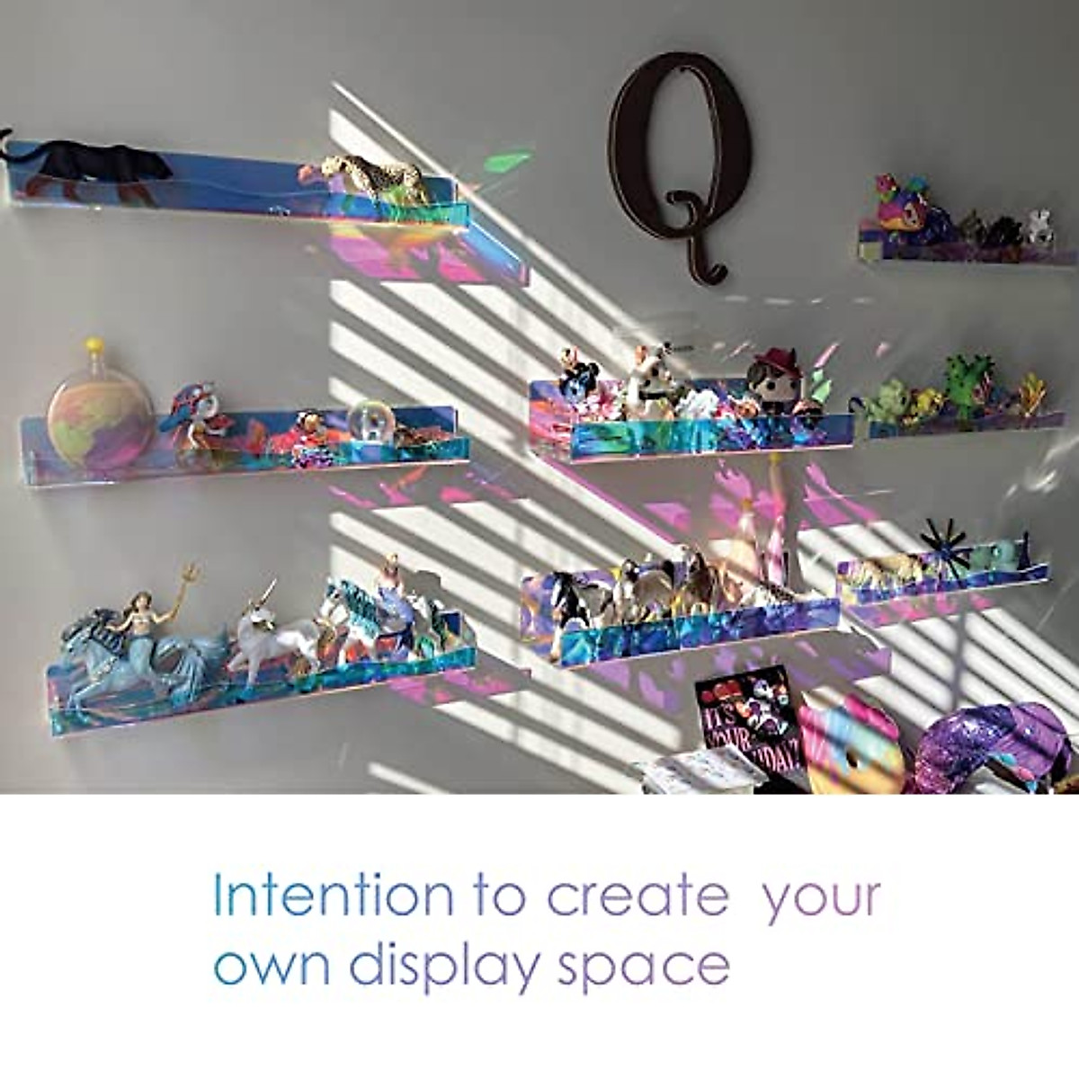 YMVV 15 inches Rainbow Iridescent Acrylic Floating Bookshelves, Clear Holographic Wall Mounted Shelf 2 Packs, Kids Room Wall Bookshelves Display Book Shelf