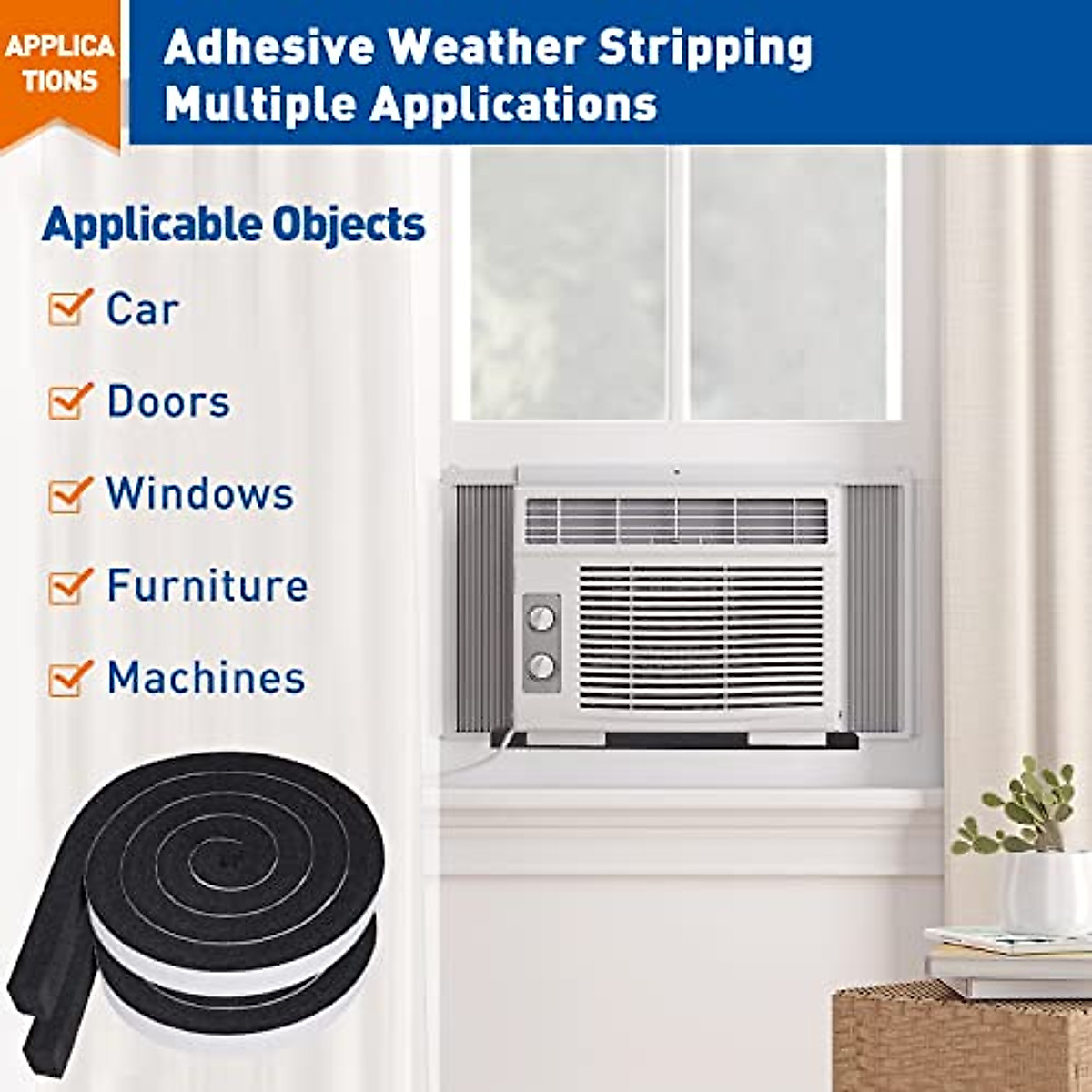 MAGZO Adhesive Foam Weather Stripping 1 Inch W X 1 Inch T, Thick Window Air Conditioner Sealer Open Cell High Resilience, Total Length 13 Feet (6.5ft x 2 Rolls)