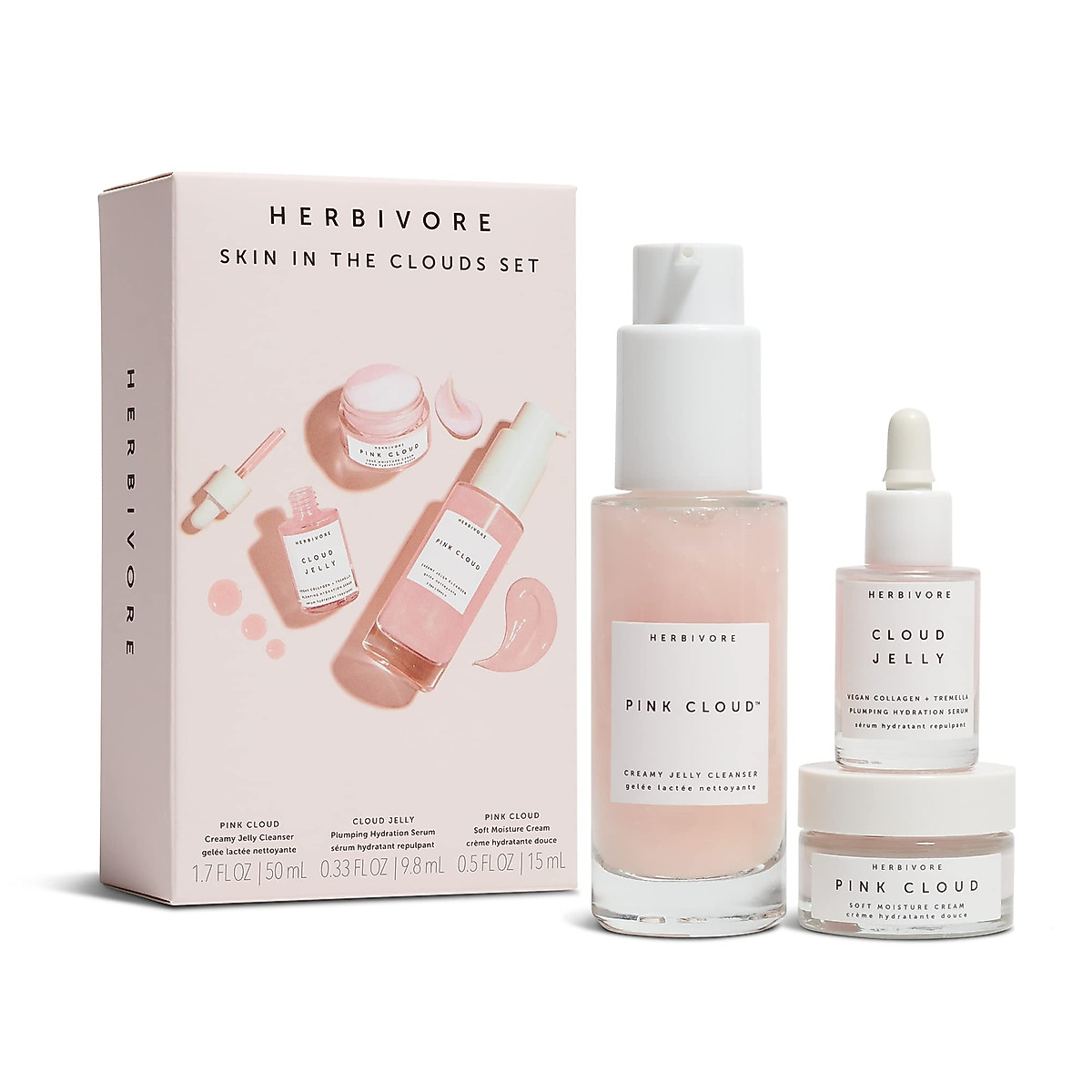 HERBIVORE Skin In The Clouds 3-step Plumping Hydration Set – Pink Cloud Creamy Jelly Cleanse (50mL / 1.7 oz), Cloud Jelly Serum (10mL / 0.33 oz), Pink Cloud Soft Moisture Cream (15mL / 0.5 oz)