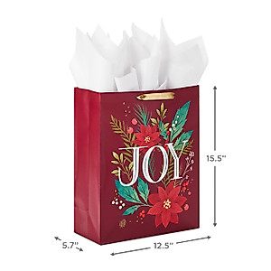 Hallmark 15" Extra Large Christmas Gift Bag with Tissue Paper (Dark Red with Poinsettia Flowers, "JOY") for Mom, Sister, Grandmother, Wife, Teacher, Boss