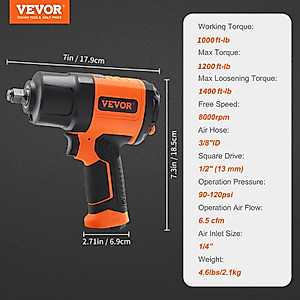 VEVOR 1/2-Inch Air Impact Wrench - High Torque 1400 ft-lbs - Lightweight 4.6 lb - Includes 11-Piece CR-V Steel Impact Socket Set & Carrying Case