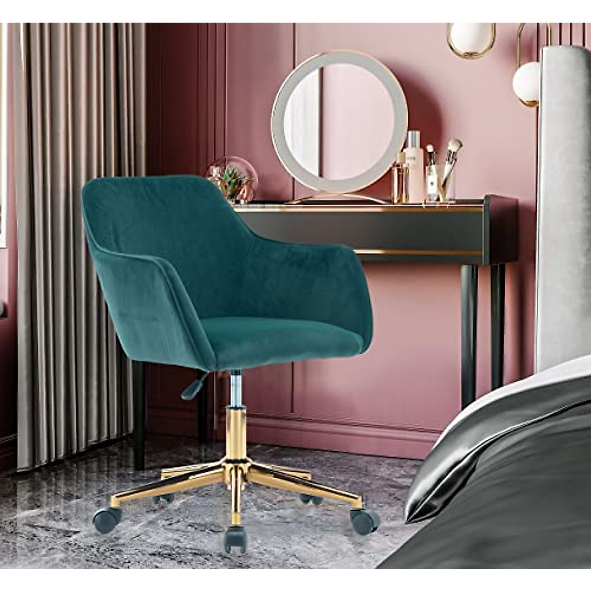 Mcltopz Desk Chair, Modern Velvet Home Office Chair, 360° Swivel Height Adjustable Office Chair with Gold Metal Legs, Vanity Makeup Chair Computer Task Chair for Home Office Living Room (Dark Green)