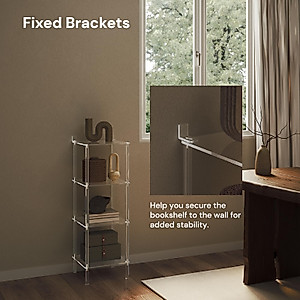 CRTERICX 4 Tier Square Acrylic Bookshelf, Small Bookcase with Acrylic Fittings for Fixing to Wall, Corner Display Shelf for Living Room, Bedroom, Bathroom, Small Spaces, Clear, 11.6'' W x 34'' H