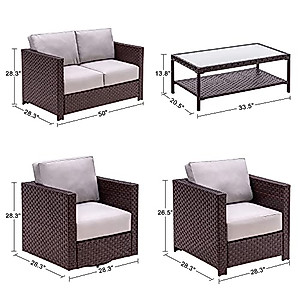 MCombo 4 Pieces Outdoor Patio Furniture Set, Swivel Lounge Chair and Cushion, Wicker Conversation Set with Tempered Glass Table, Outdoor Furniture Chair Set for Lawn Balcony Gazebo, 9575BR-BG