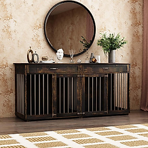 DAWNSPACES Dog Crate Furniture for Large Medium Dogs, 72" Heavy Duty Indoor Wooden Double Rooms Dog Kennel Table with Drawers & Divider, Funiture Style Dog Cage House TV Stand, Rustic Brown