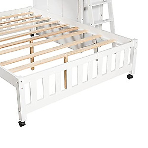 VilroCaz Wooden Twin Over Full Bunk Bed with 6 Drawers and Adjustable Shelves, L-Shape Full Platform Bed with Wheel, Modern Bunk Bed Frame with Ladders and Full Guardrails (White)