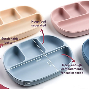 Toddler Plates with Lid Weaning Spoon Fork Set, Santi & Me Silicone Baby Plates with Suction Solid Feeding Dishes and Utensils Set - BPA Free, Microwave & Dishwasher Safe(Dusty blue)