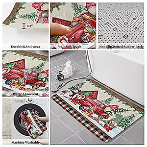 Kitchen Mat Rug Set of 2 Christmas Farmhouse Elk Gnome Truck Red Green Plaid Runner Rug Anti-Fatigue Comfort Memory Foam Standing Mat Non-Slip Floor Door Mat for Bathroom Bedroom 16x24n+16x47in