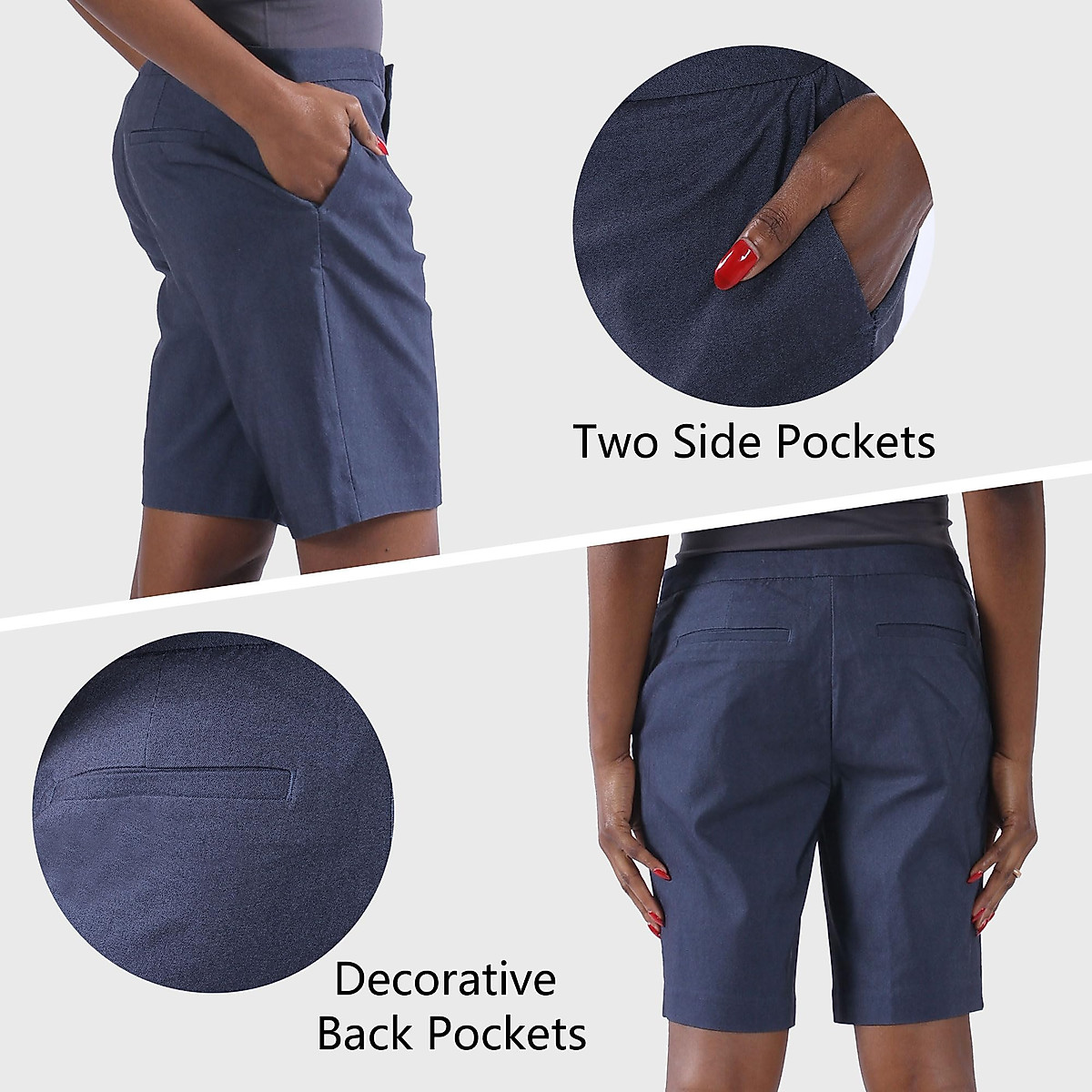 KELLY KLARK Pull On Golf Shorts for Women 9" Stretchy Junior Uniform Dress Shorts with Pockets for Hiking Bermuda Escolar Navy Size 8
