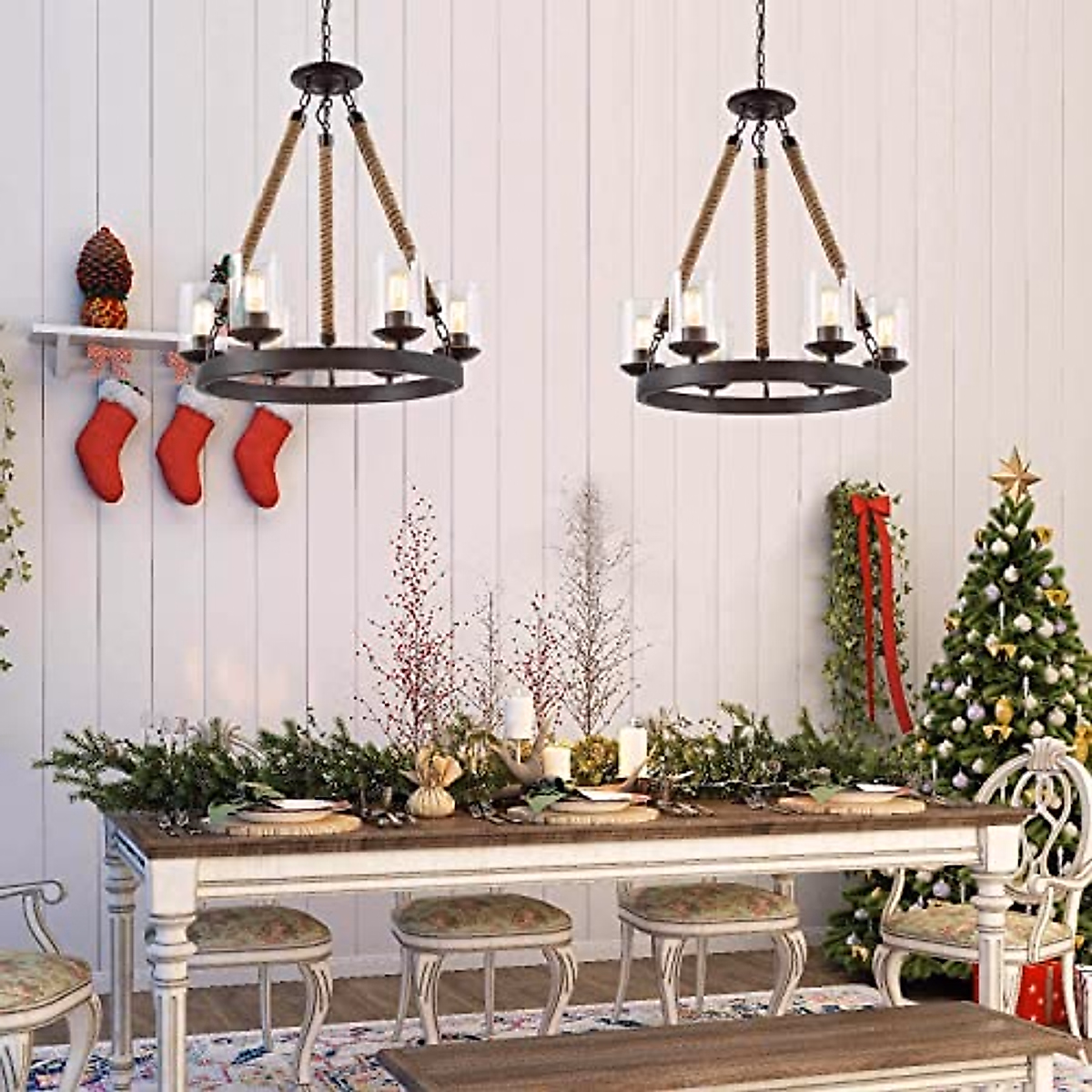 LNC Farmhouse Chandelier, Round Wagon Wheel 6-Light Fixture with Clear Glass Shades for Dining Room, Living Room, Bedroom, Kitchen Island and Foyer