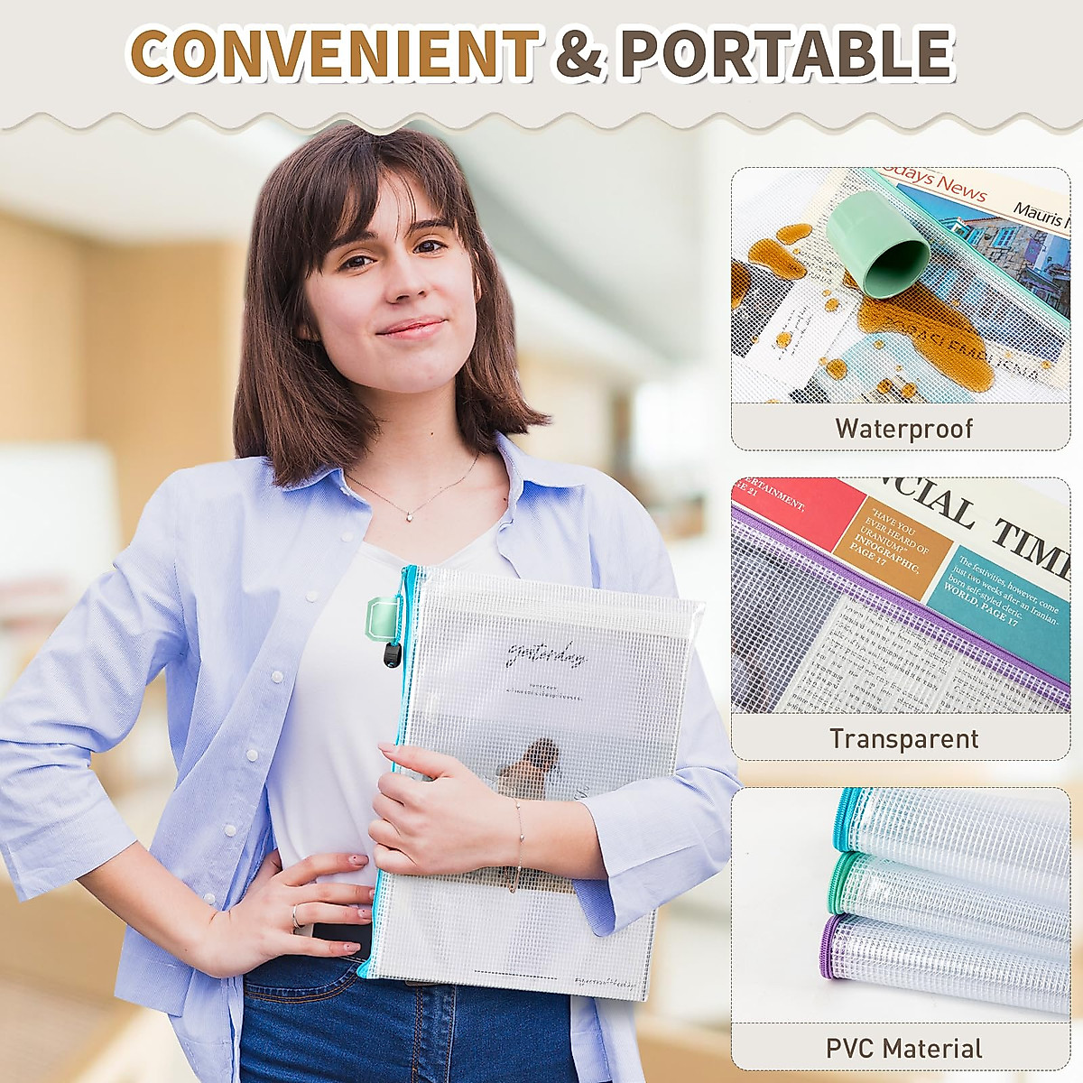 Umriox 20PCS Mesh Zipper Pouch, A4 Size 10 Colors in Plastic Waterproof Zipper Bags, Clear Zipper Pouches for Organization Office Supplies Home Travel Storage