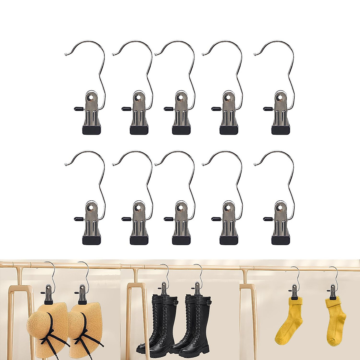 Lflwacy Boot Hangers for Closet, 10PCS Hanging Clips Hook Clothes Pins for Laundry, Hanger Clips Towel Clips Boot Organizer for Home and Travel, Clothespins Clip Hangers for Pants Hats Socks Gloves