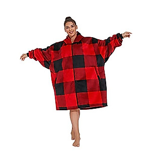 BALEINEHOME Oversized Wearable Blanket Hoodie, Thick Sherpa Fleece Super Warm Blanket Sweatshirt with Zippers and Giant Pocket, for Women and Men (Buffalo Check Red/Black, Zipper)