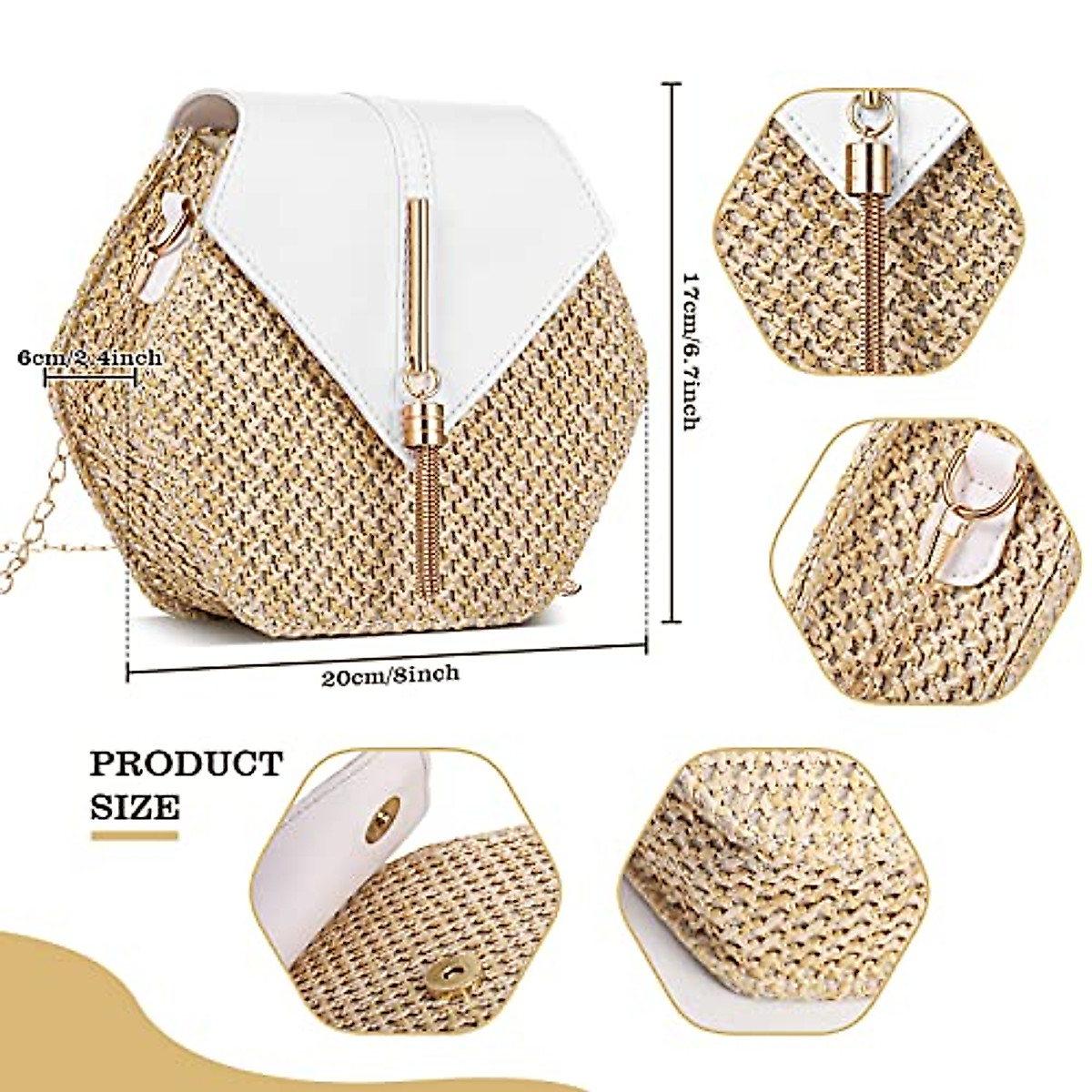 3 Pcs Women's Crossbody Straw Bag Straw Shoulder Bag Bohemia Rattan Tassel Earrings Pendant Tassel Long Hollowed Out Necklace (White)