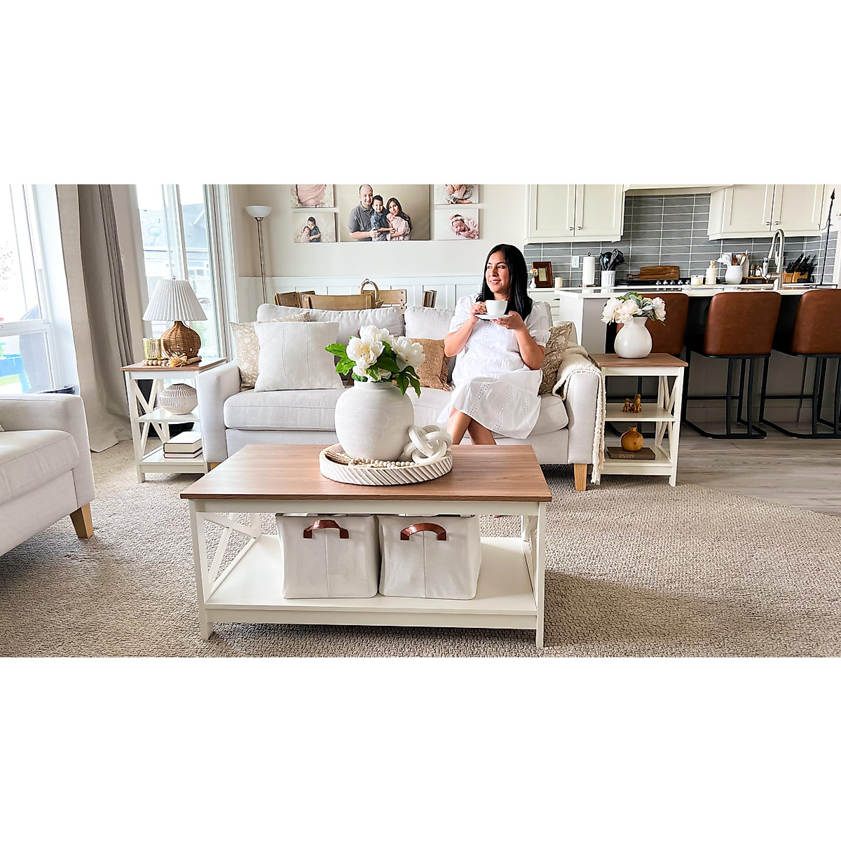 PHI VILLA Coffee Table - Modern Coffee Tables with Storage for Living Room Shelf 2 Tiers, Farmhouse Coffee Table Set