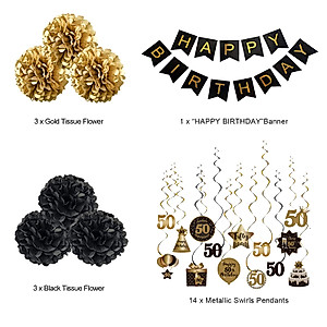 BRT Bearingshui Happy 50th Birthday Hanging Swirls Streamers Decoration Set, Happy Birthday Banner with Tissue Pompoms, Black and Gold 50 Years Old Birthday Party Hanging Backdrop Decorations