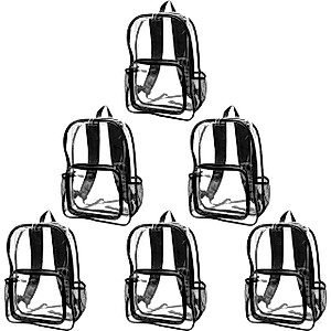 DISCOUNT PROMOS Heavy Duty Clear Plastic Backpacks Set of 6, Bulk Pack - PVC, Water Resistant, Great for School, Travel - Clear/Black