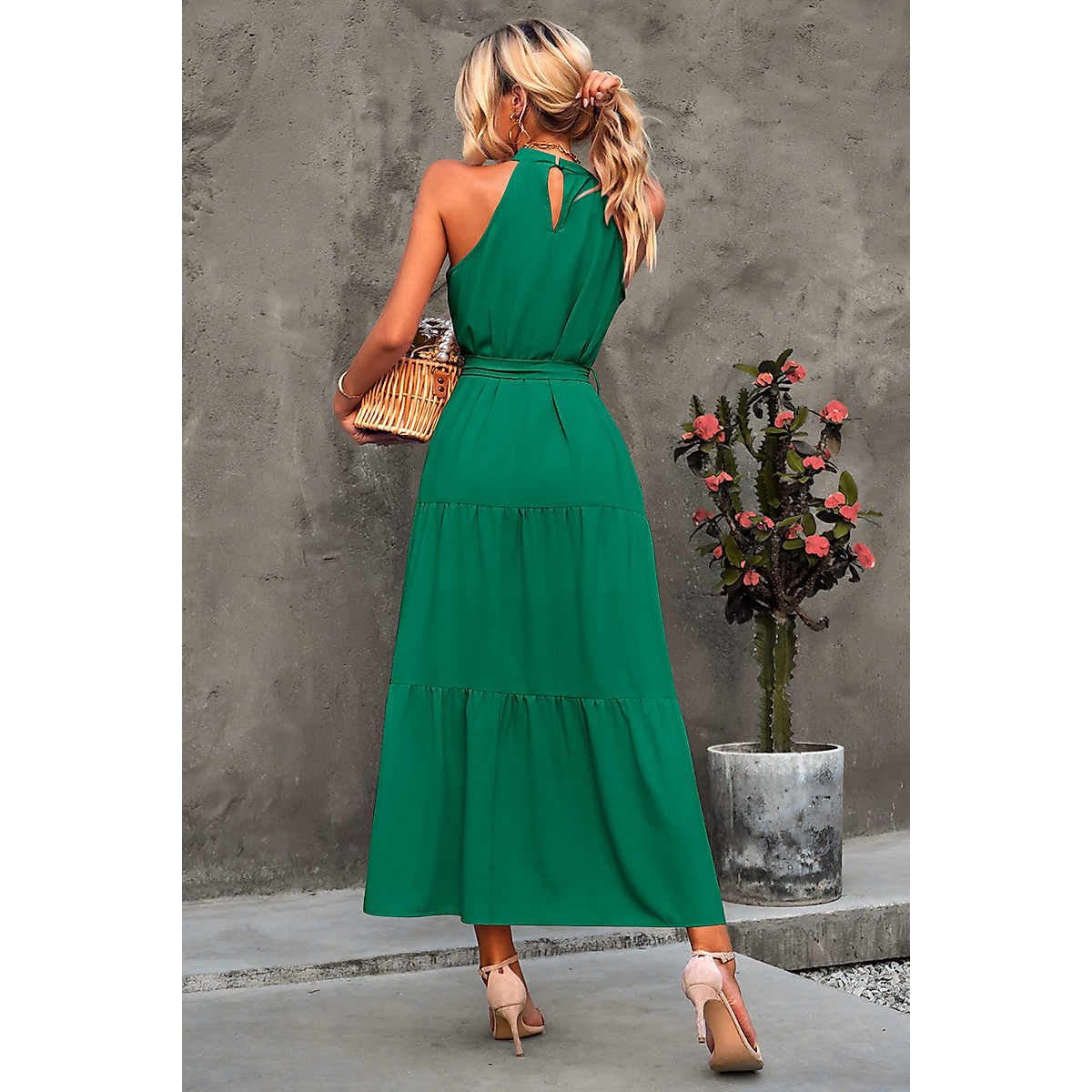 PRETTYGARDEN Women's Summer Maxi Sun Dress Sleeveless Halter Neck Flowy Ruffle Hem Long Boho Dresses with Belt (Solid Green,Medium)