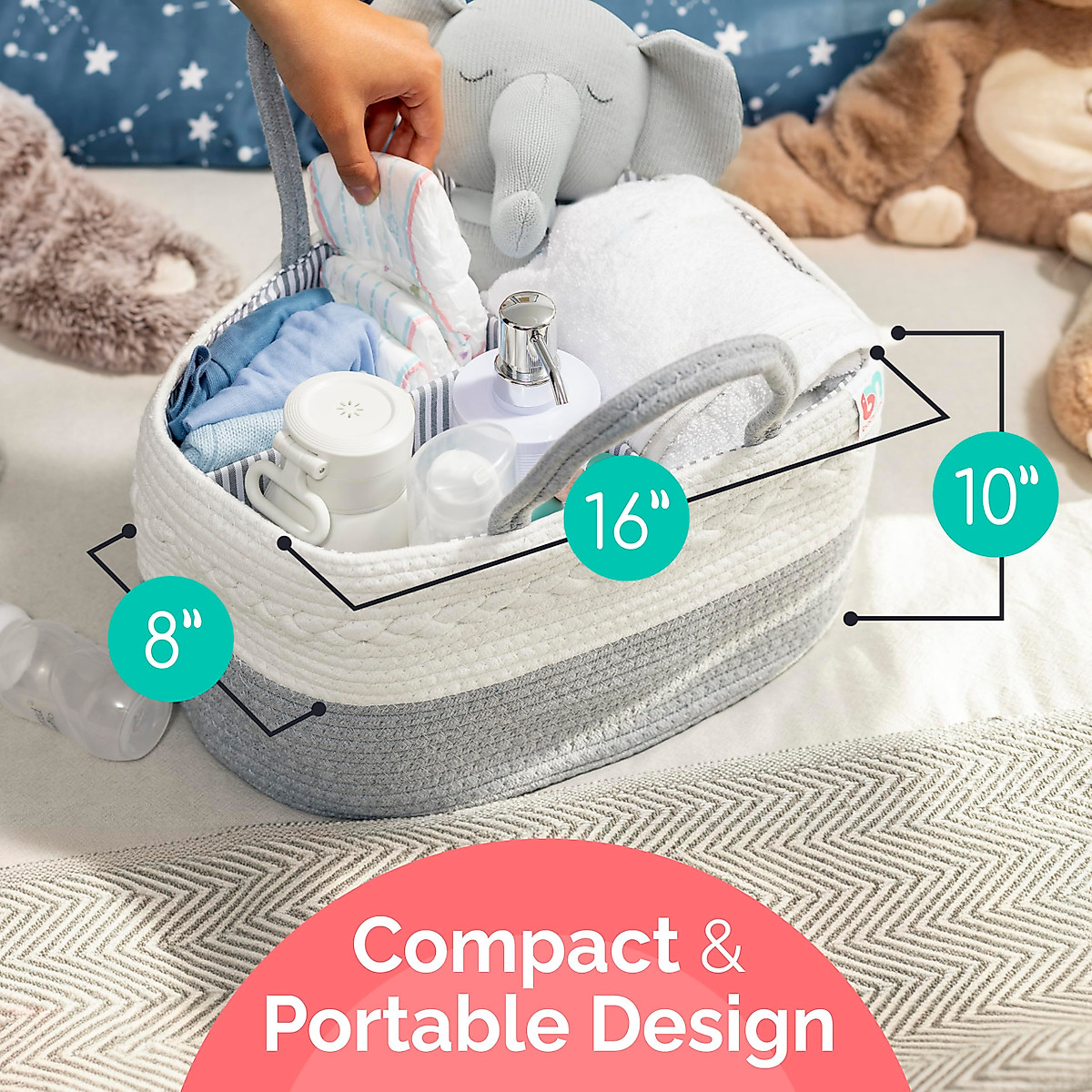 Babynma Rope Diaper Caddy - Storage for Baby and Toddler Items - Portable Cotton Organizer Easily Holds Diapers, Wipes, Clothing - Useful for Nursery, Bedroom (Gray, Extra Large)
