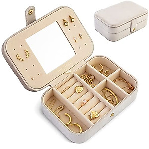Plush Velvet Travel Jewelry Box Organizer | Travel Jewelry Organizer, Travel Jewelry Case | Small Jewelry Box for Women, Jewelry Travel Case | Earring Organizer Box with Mirror - Ivory