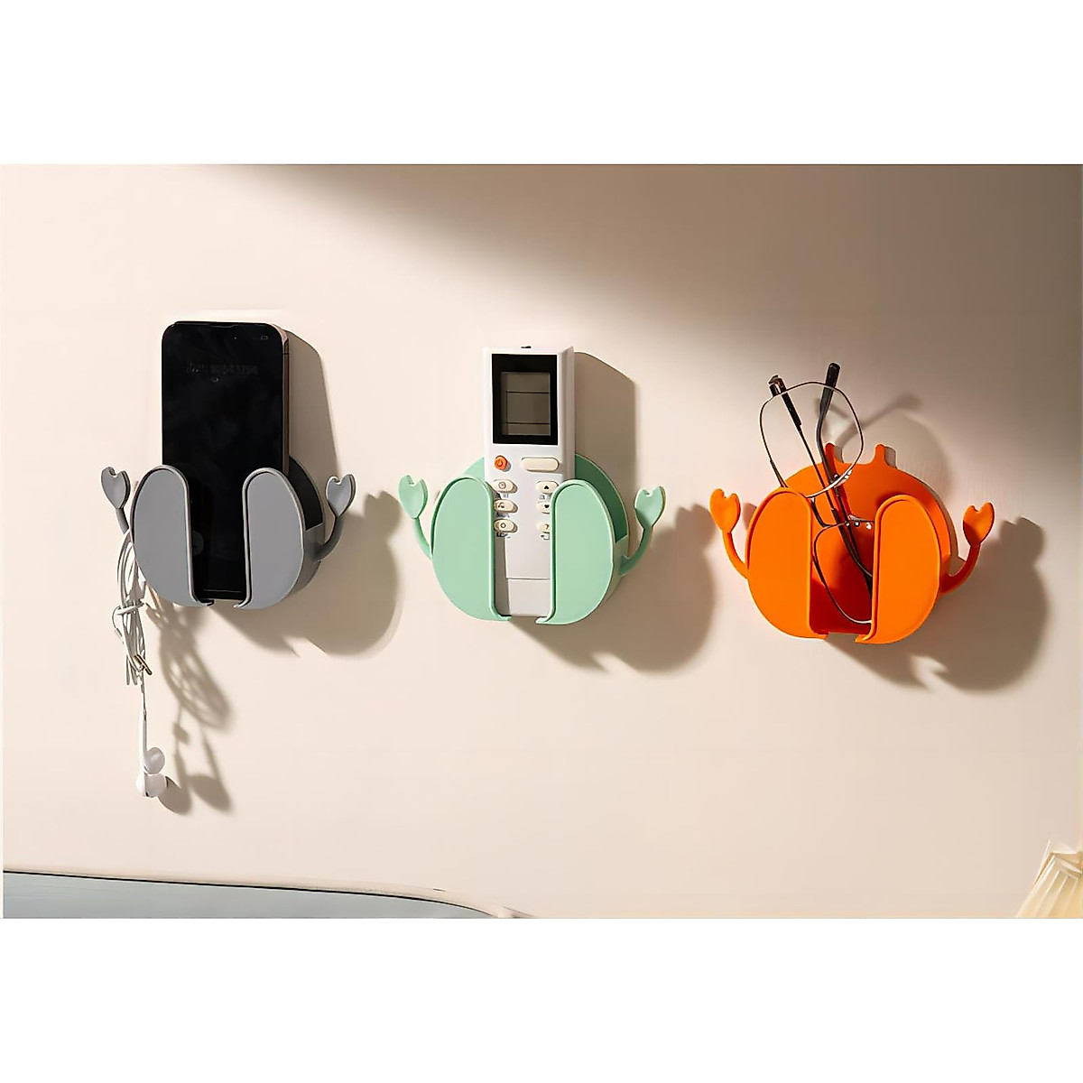 4-piece Wall Mount Phone Holder, Adaptive Remote Holders, wall mounted storage boxes, can be used for mobile phones, remote controls, keys, crab wall shaped storage boxes (Green,Orange,Grey,White)