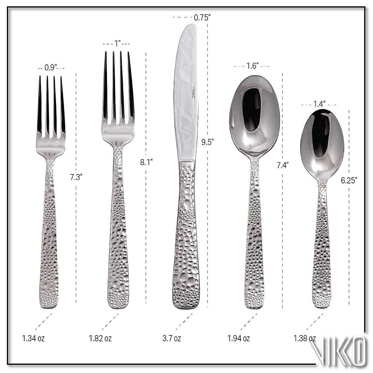 Vikko Silverware Set, Hammered Metal Set of Flatware, Service for 4 Strong and Durable 18/10 Stainless Steel Flatware Set, 20 Piece Set, Dishwasher Safe