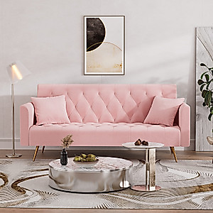 DAMAIFROM 71" Velvet Futon Sofa Bed, Modern Convertible Sleeper Sofa Loveseat, Tufted Futon Couch with Metal Legs for Small Living Room Office Bedroom, Pink