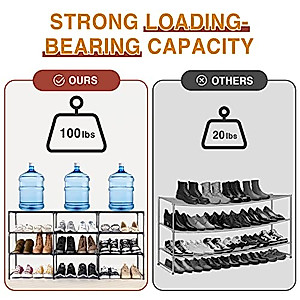 HOUSE AGAIN 4 Tier Long Shoe Rack for Closet, Shoe Shelf 24-Pairs Wide Non-Woven Cloth Max Weight 100LBS, Storage Organize for Floor, Bedroom, Entryways, Garages, Dorm, Apartments, Black