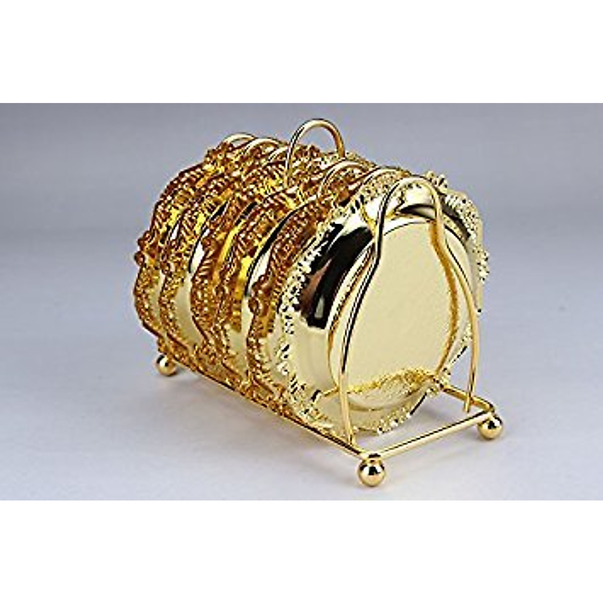 Collection 6 Piece Coaster Creative Drink Coasters with Decorative Rack Non-Slip Metal Cup Mats Tabletop Display with Holder for Bar,Home, Kitchen,Coffee Table Centerpieces Decoration (Golden)