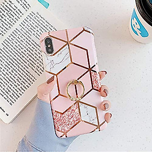 Qokey Compatible with iPhone Xs Max Case,Marble Case Cute Fashion for Men Women Girls with 360 Degree Rotating Ring Kickstand Soft TPU Shockproof Cover Designed for iPhone Xs Max 6.5 Inch Bling Pink