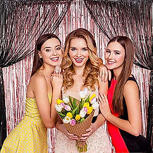 4 Packs 2 Black and 2 Rose Gold Foil Fringe Curtains, 3.2 ft x 8.2 ft Tinsel Curtains with Adhesive, Photo Booth Backdrop for Birthday, Graduation Party Decorations (Black and Rose Gold, 4pcs)