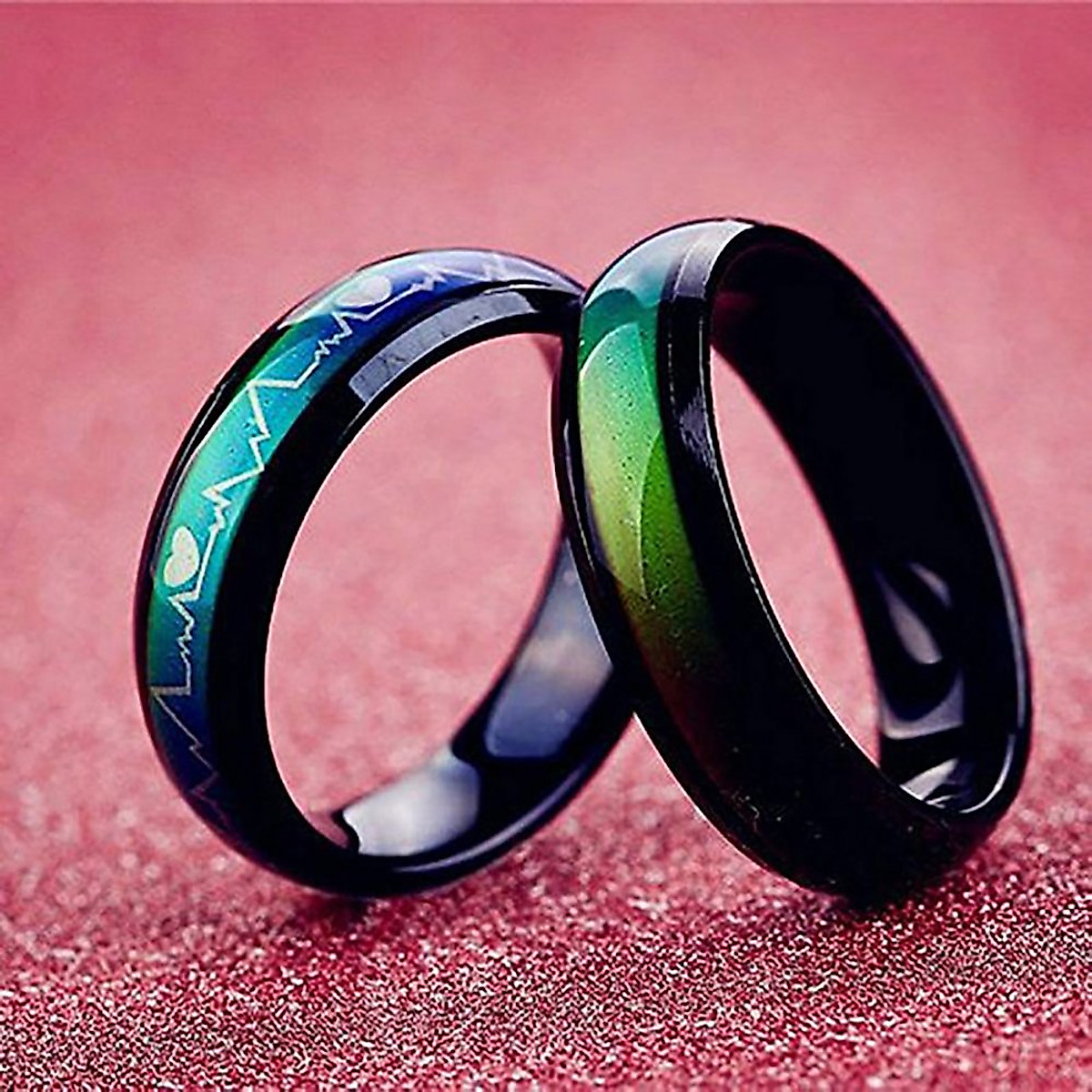 JEYKAY Color Changing Titanium/Stainless Steel Mood Ring, EKG w/Hearts Design, Gift Box Included. (Change Color, 10)