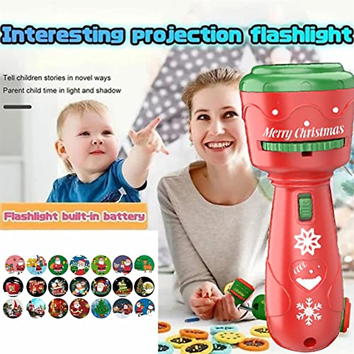 Christmas Slide Projector & Lighting 2-in-1 Flashlight Torch,Slide Projector Torch Projection Light,Christmas Flashlight Projector for Kids Bedtime Toy,Kid Bedtime Cognition Device Fun Torch (Red-B)