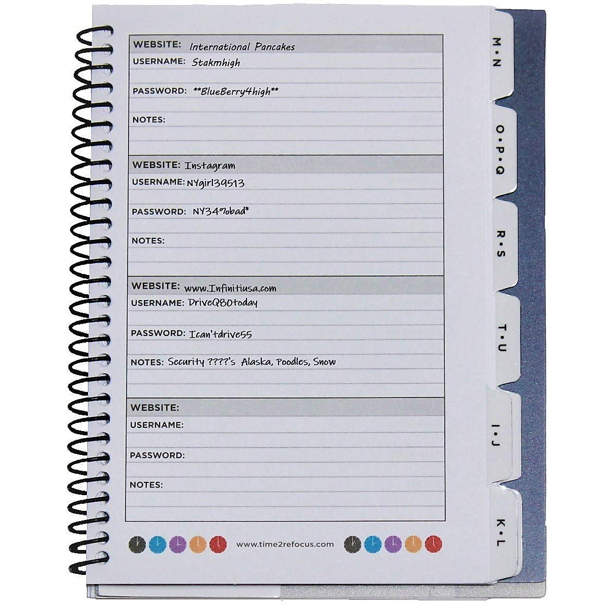 RE-FOCUS THE CREATIVE OFFICE, Password Book Keeper, Black, Small, Mini, Alphabetical Tabs, Spiral Bound, Removable Sheets, Journal Organizer, Includes, Website, Address, Username, Password