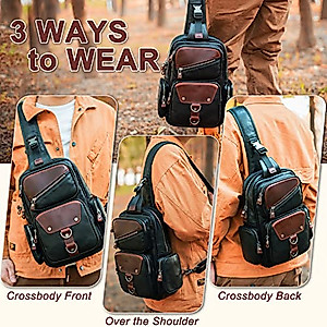 CENUNCO Genuine Leather Sling Bag for Men Capacity Crossbody Backpack Casual Motorcycle Chest Bag Anti-Theft Travel Purse (Black)