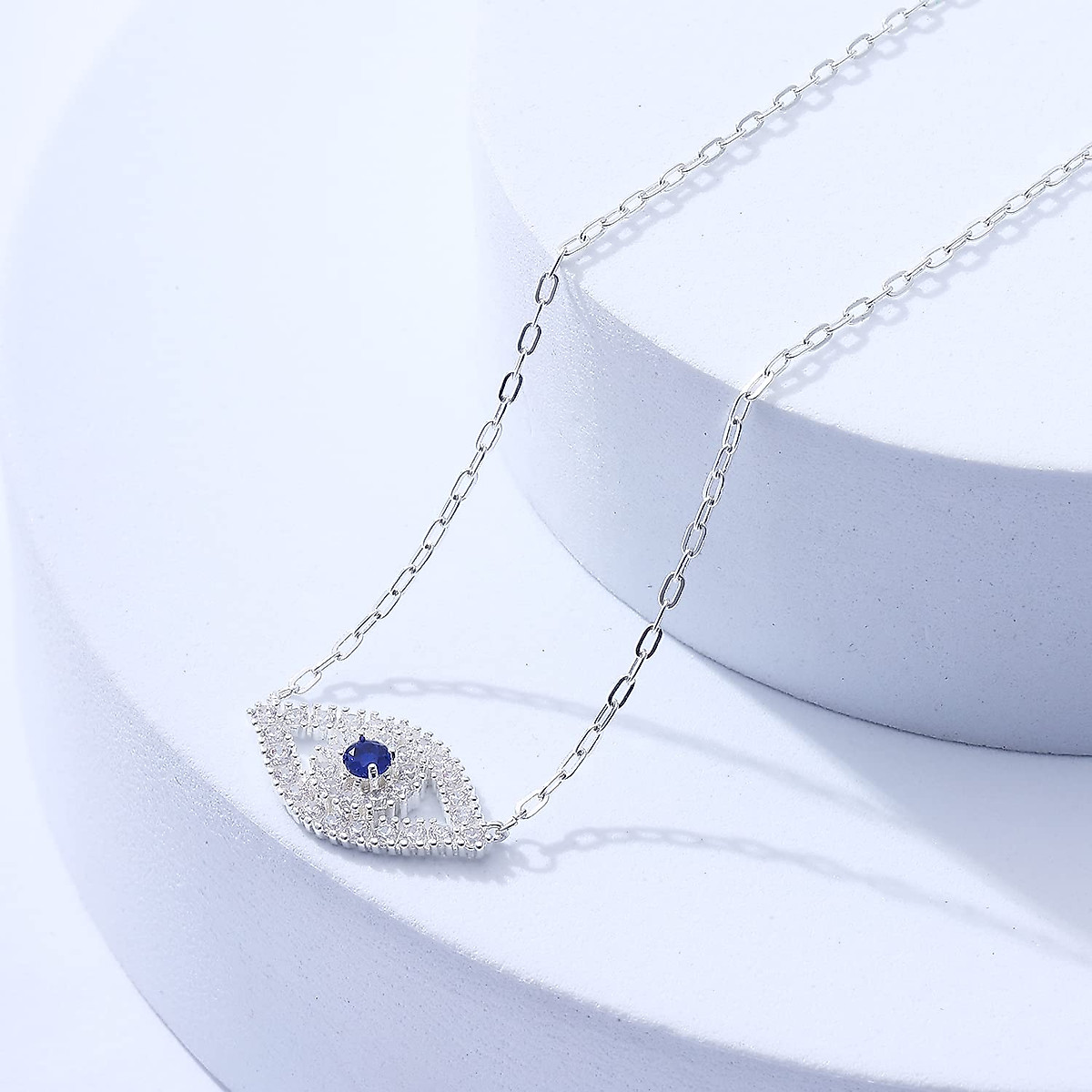 Apsvo Silver Anti Evil Eye Necklace for Women, Cubic Zirconia Dainty Third Eye Pendant Chain Simple Ojo Trendy Jewelry Protection Valentines Day Gifts for Her