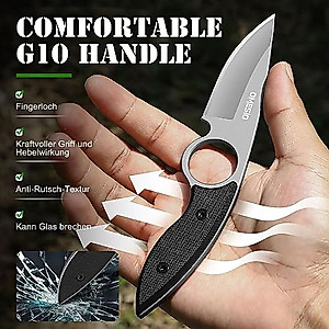 Omesio Small Fixed Blade Knife, Tactical Hunting Camping Survival Knife with Kydex Sheath, Full Tang Stainless Steel 2.68-Inch Drop Point Blade G10 Handle, EDC Neck Knife, White