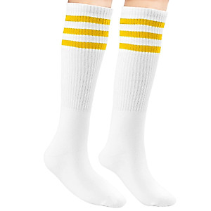 CICEYET Classic Triple Stripes Socks Halloween Cotton Knee High Tube Socks Skating Athletic Sport Socks for Men Women (White/Yellow)