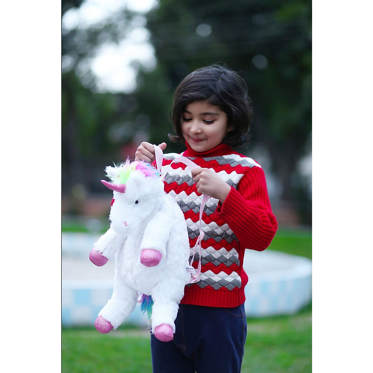 Plushland Fluffy Plush Rainbow Unicorn Backpack Stuffed Animal Toy 14 Inches Cuddly Autism ADHD Soft Magical Gifts Present Birthday Love School Pal Buddies Friendship