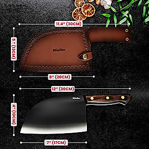 Mueller UltraForged Professional Meat Cleaver Knife 7" Handmade High-Carbon Clad Steel Serbian Chef Knife with Leather Sheath, Full Tang Pakkawood Handle, Multi-functional for Kitchen, Camping, BBQ