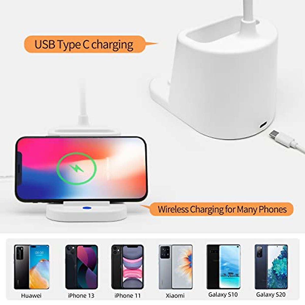 IIOSUYUI Desk Lamp for Home Office, Wireless Charger LED Desk Light with USB Charging Port, 3 Modes Table Lamp with Pen Holder Phone Holder, Desk Lamps for Students Kids
