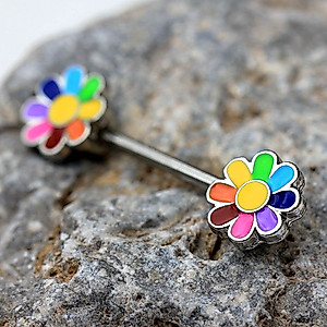 Pierced Owl 14GA Stainless Steel Rainbow Flower Nipple Barbells, Sold as a Pair