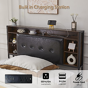 Full Size Bed Frame, Upholstered Metal Platform Bed Frame with Hidden Storage Headboard, & Charging Station, LED Double Bed Frame - No Box Spring Required, Easy Assembly, Quiet Sleep Experience