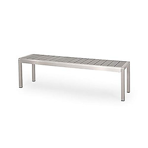 Great Deal Furniture Odelia Outdoor Modern Aluminum Dining Bench with Faux Wood Seat, Gray and Silver