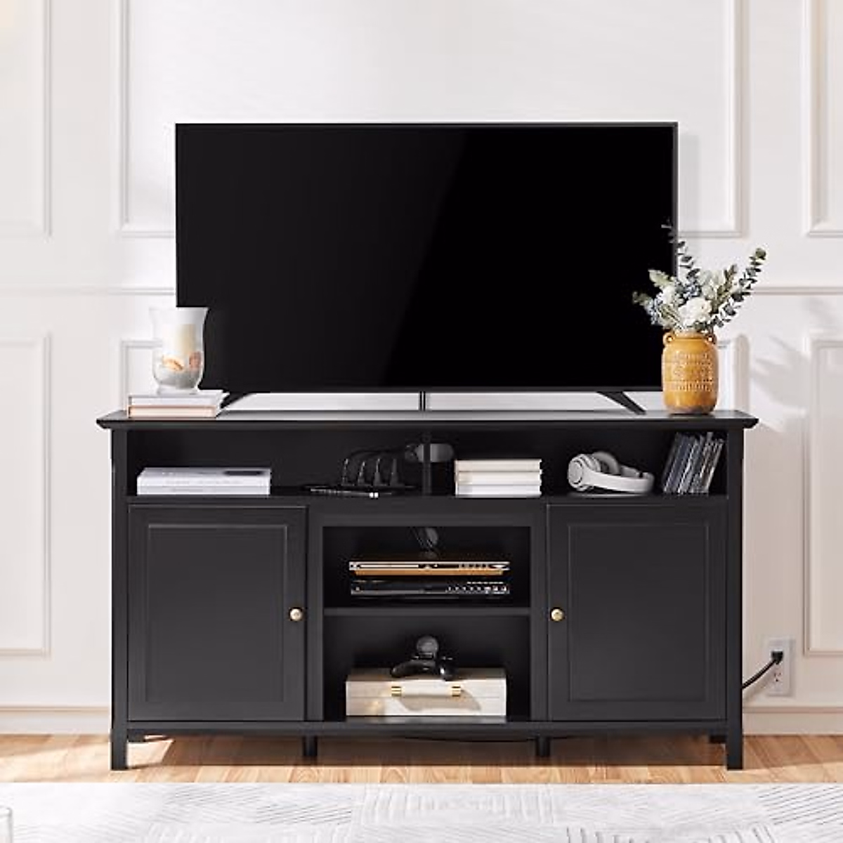 Yaheetech Black TV Stand with Doors for TVs up to 65 in, Modern TV Console with Power Outlet & Storage Shelf, Mid-Century Entertainment Center for Living Room, 31 in Tall