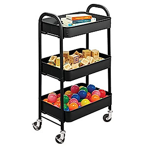 mDesign Metal 3-Tier Rolling Utility Storage Carts - Organizer Trolley for Bathroom, Kitchen, Laundry, Office, and Kids Rooms - Heavy Duty Caddy with 4 Caster Wheels - Matte Black